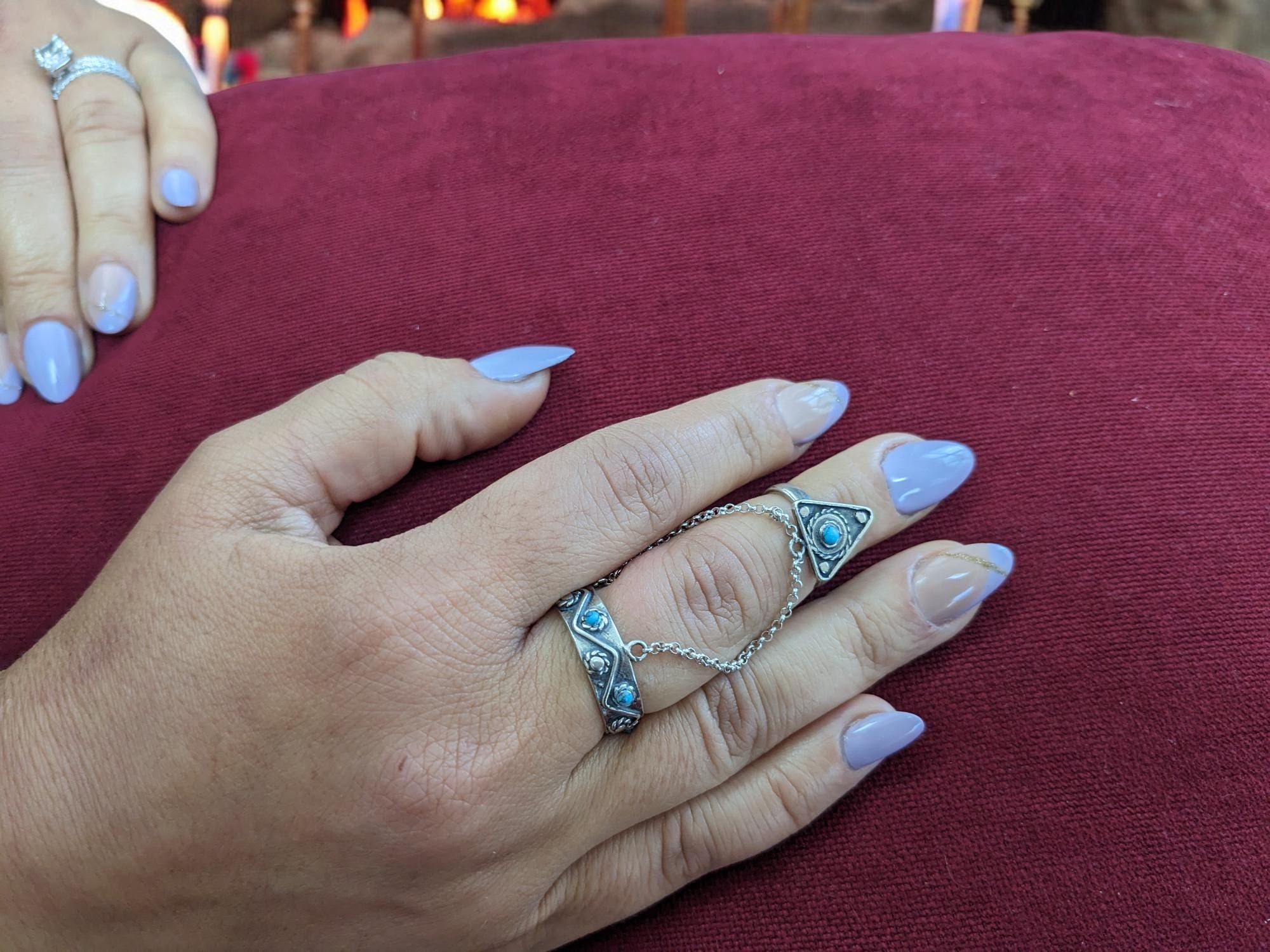 Adjustable Double Finger Chain Ring Sky Blue - Sterling Silver Open ...