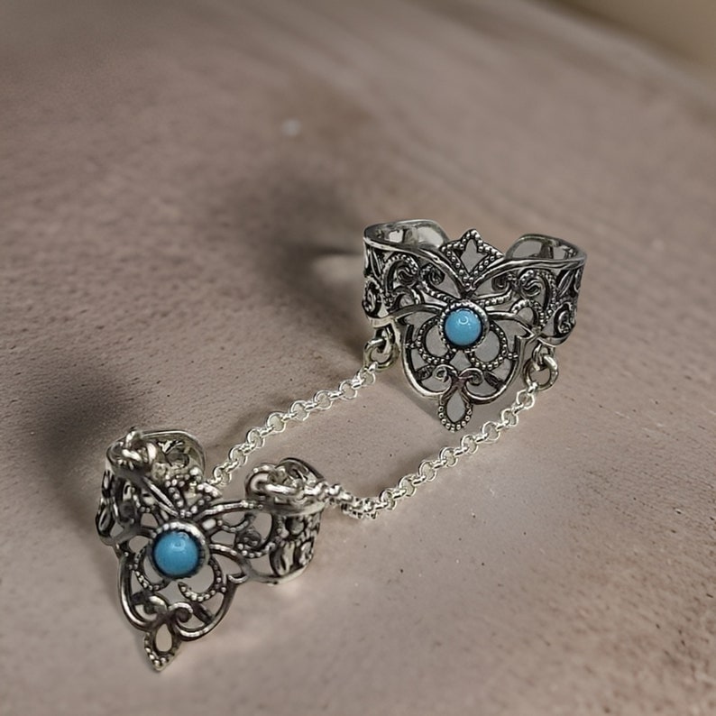 Sky Blue Adjustable Double Finger Chain Ring - Sterling Silver Open ...
