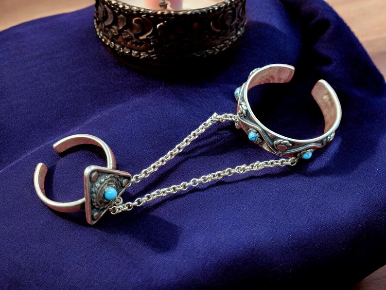 Adjustable Double Finger Chain Ring Sky Blue - Sterling Silver Open ...