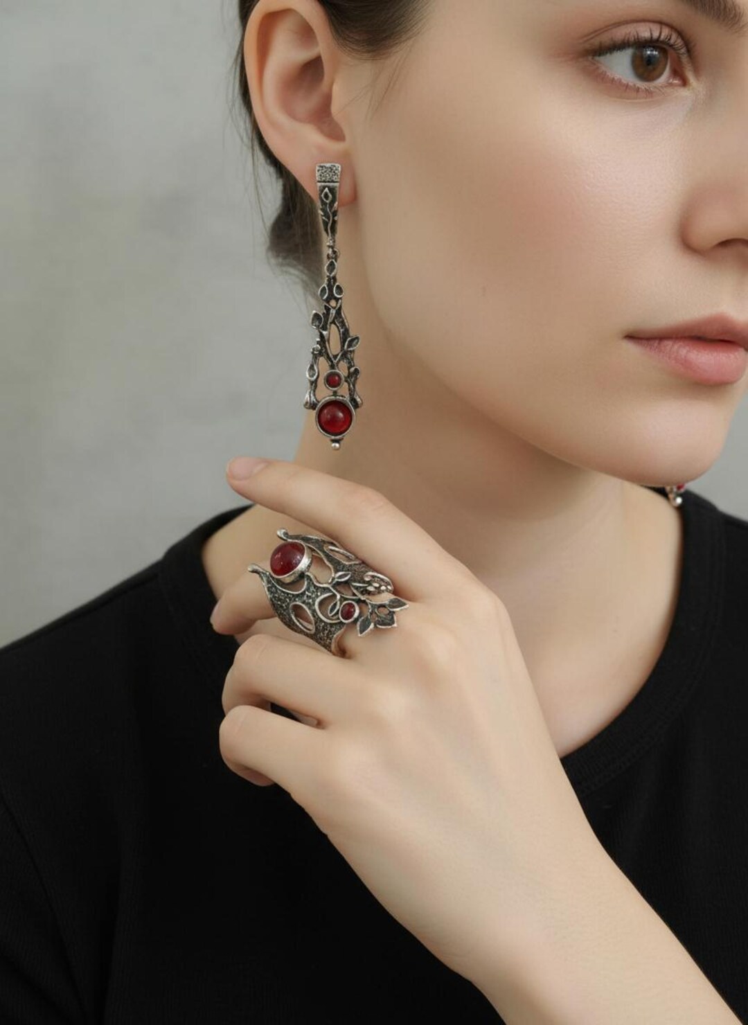 Artisan Silver Red Glass Jewelry Set – Nature Inspired Ring and ...