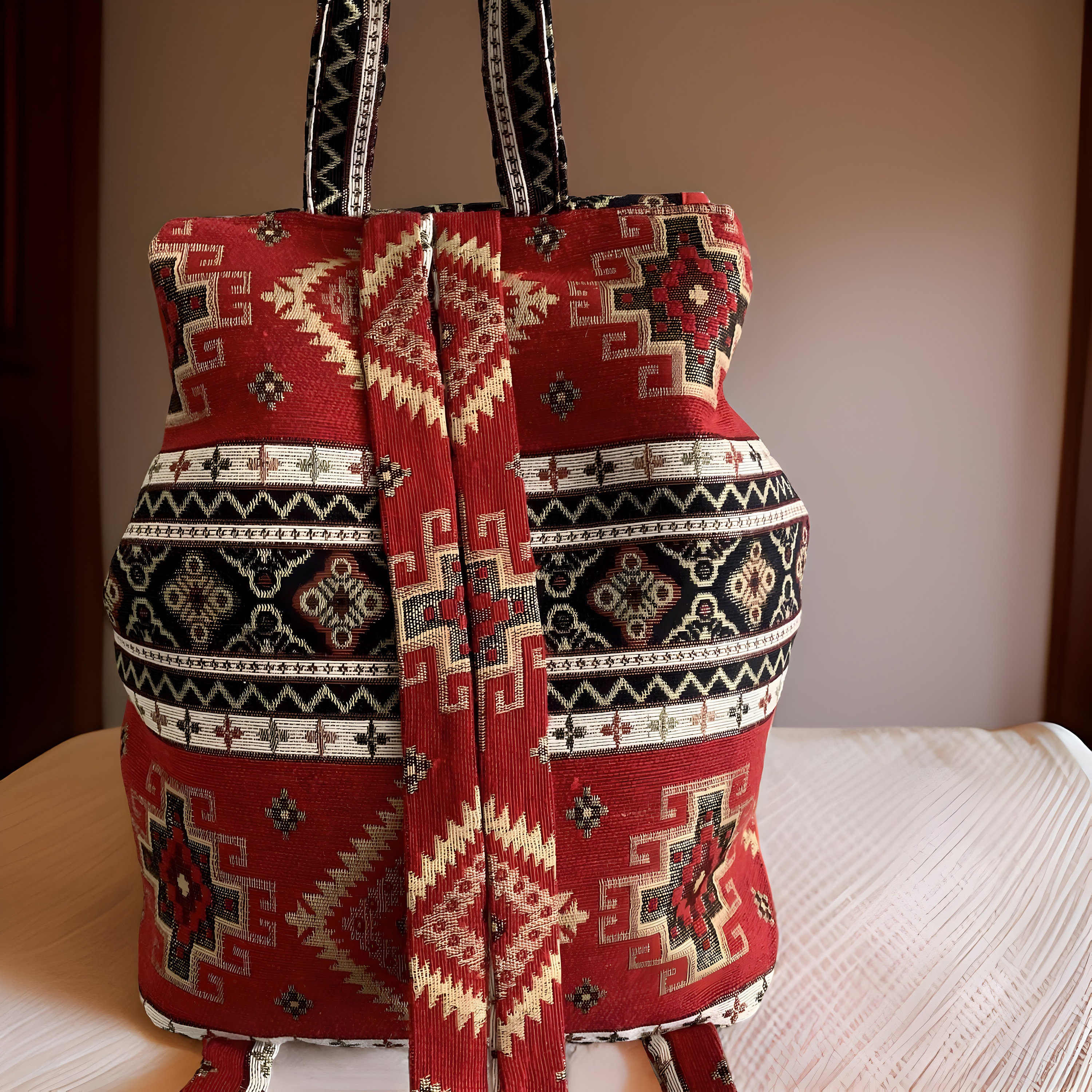 Armenian Bohemian Backpack Ethnic Rug Purse With Tribal Motif - Dark ...