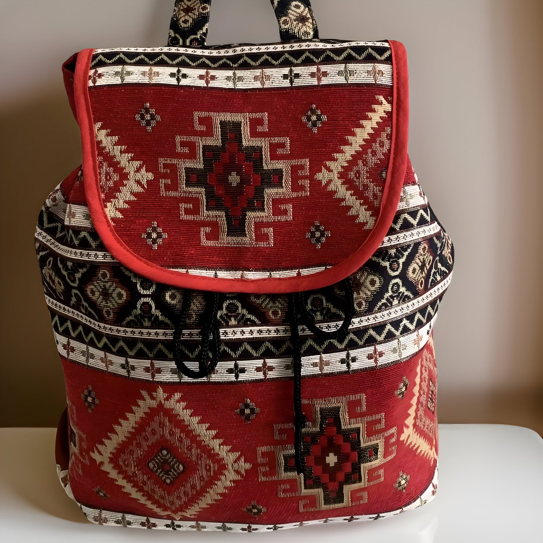 Armenian Bohemian Backpack Ethnic Rug Purse With Tribal Motif - Dark ...