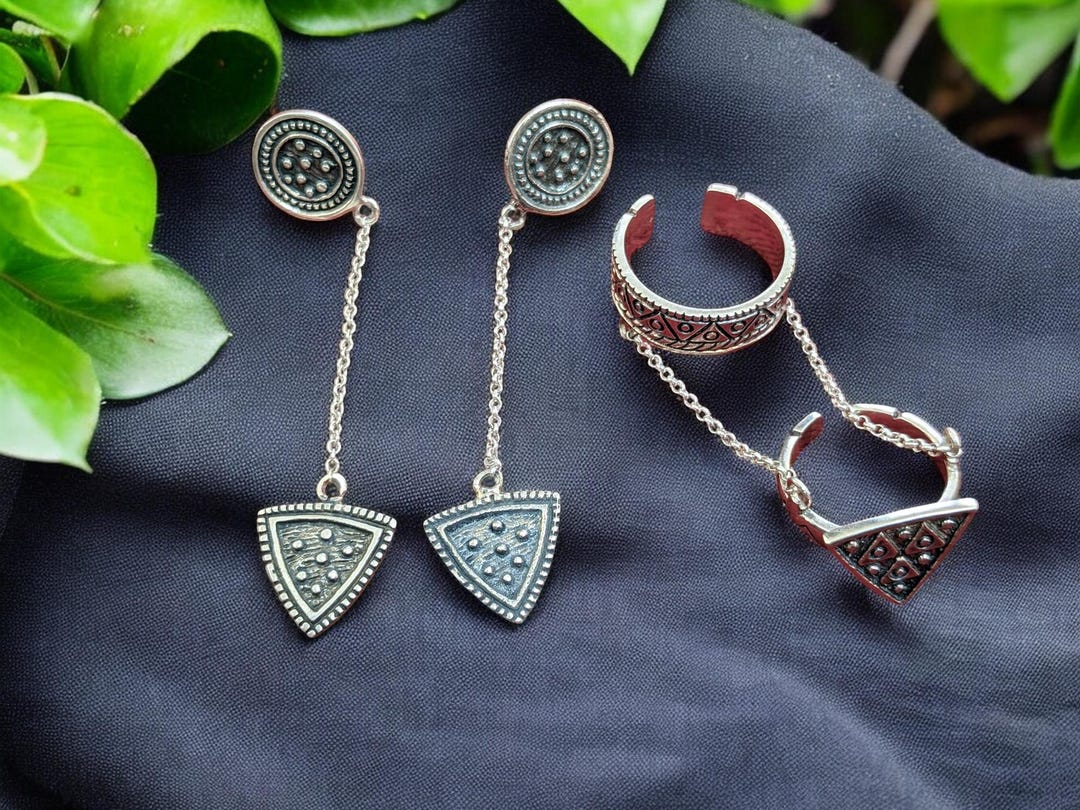 Minimalist Double Band Knuckle and Chain Set - Sterling Silver Earring ...