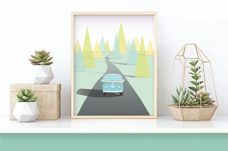 Retro Van Road Trip Illustration Art Digital Print, Wanderlust Home ...