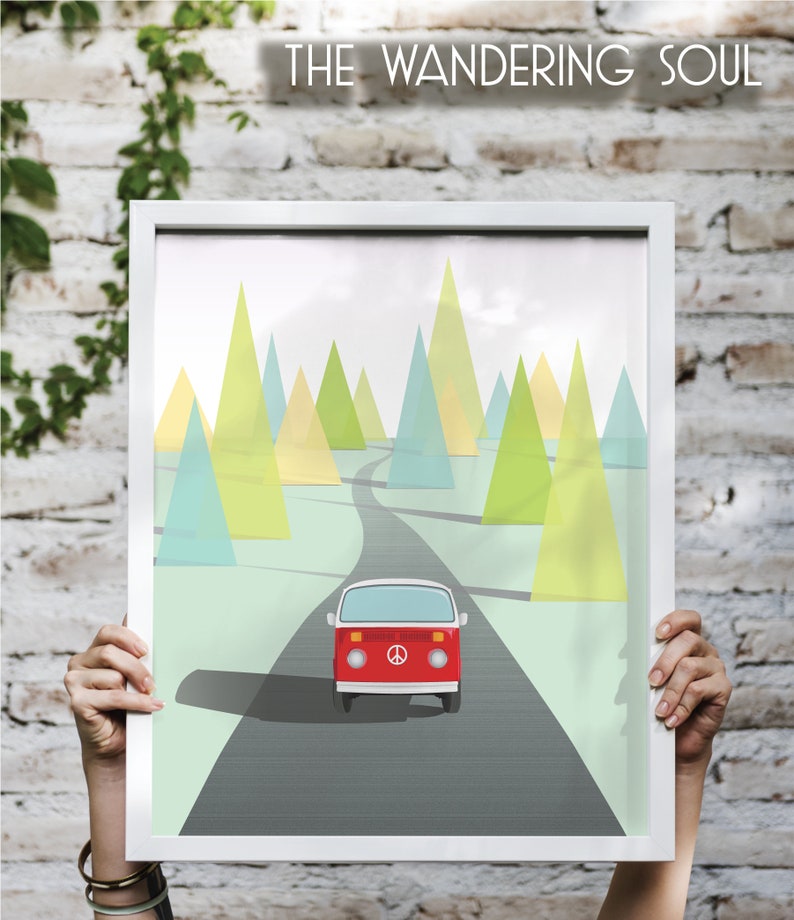Red Van Life Road Trip Retro Illustration Art Digital Print, Hippie ...