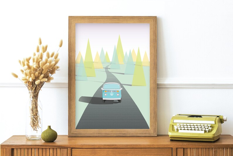 Retro Van Road Trip Illustration Art Digital Print, Wanderlust Home ...