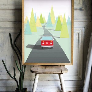 Red Van Life Road Trip Retro Illustration Art Digital Print, Hippie ...