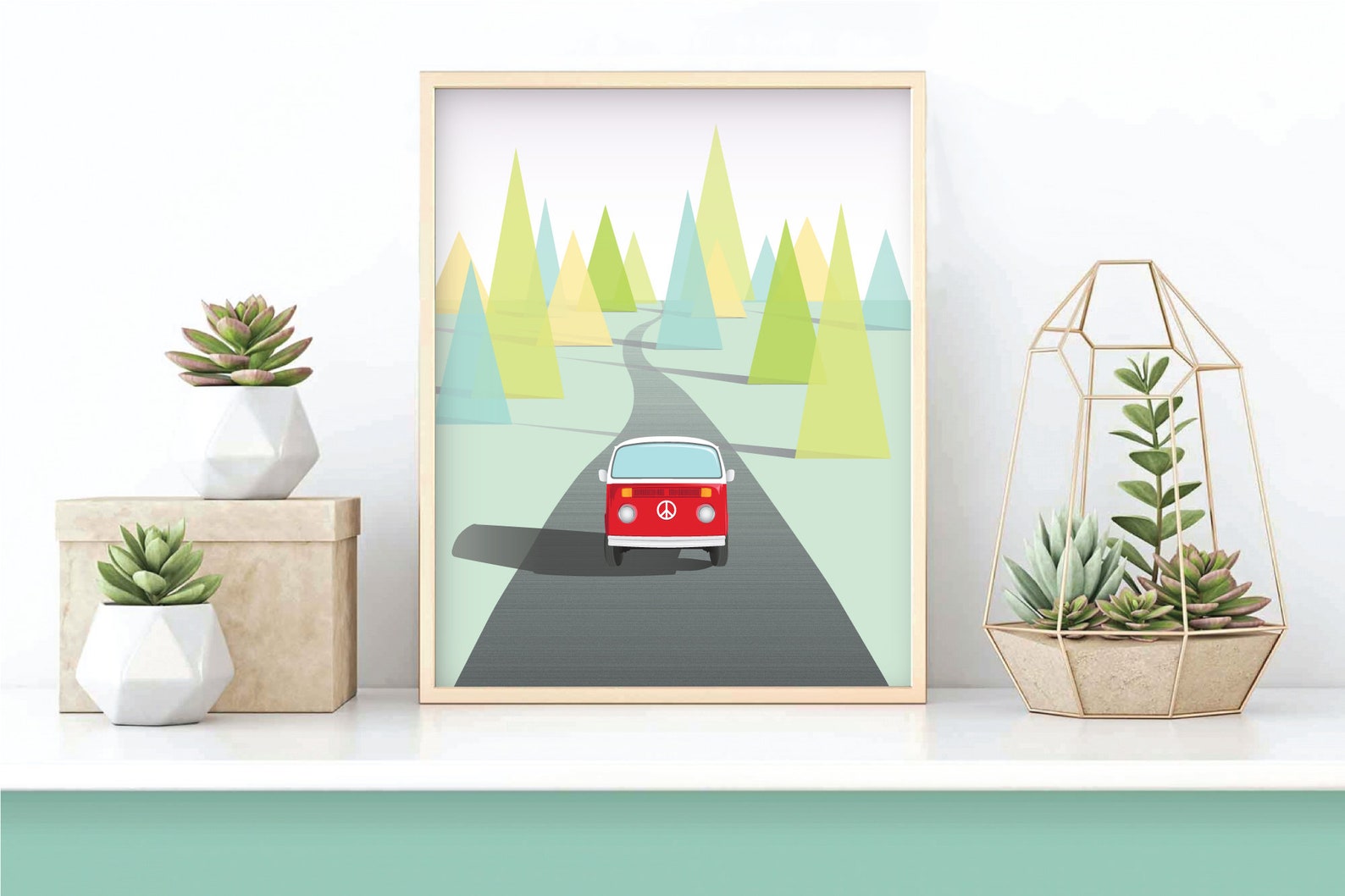 Red Van Life Road Trip Retro Illustration Art Digital Print, Hippie ...