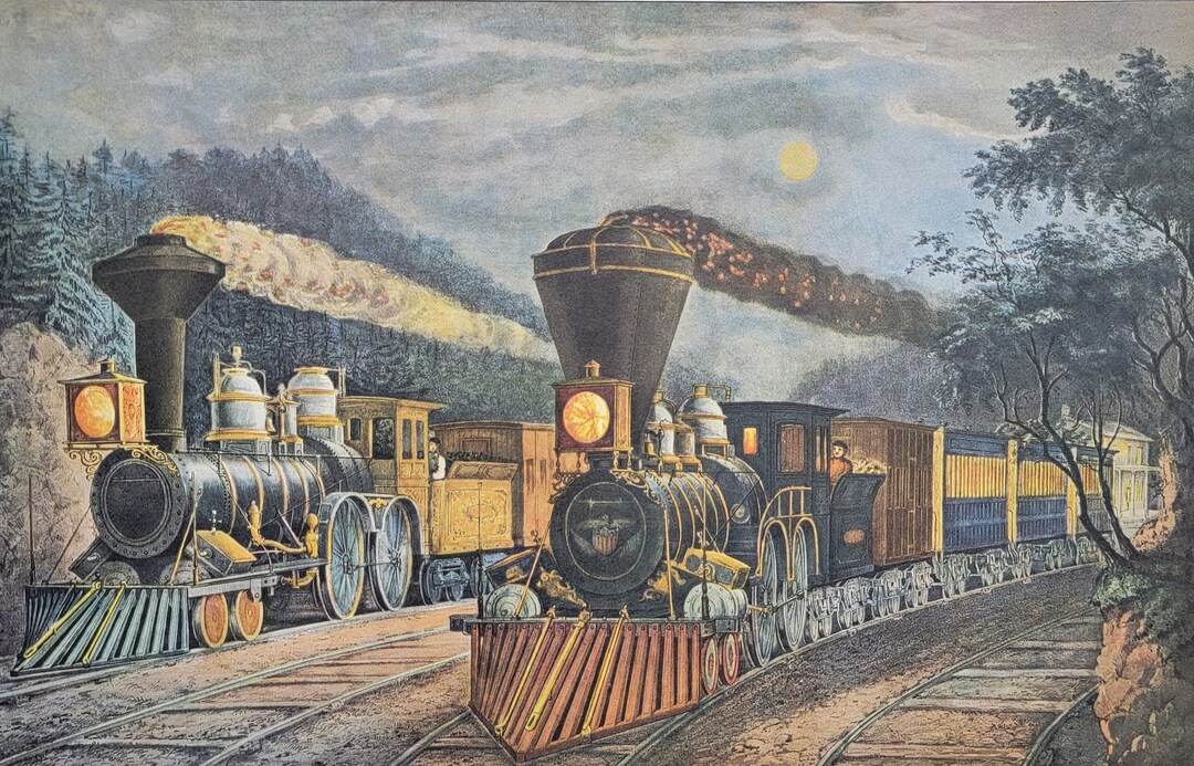 The Lightning Express Trains Currier & Ives Lithograph Book Plate Art ...