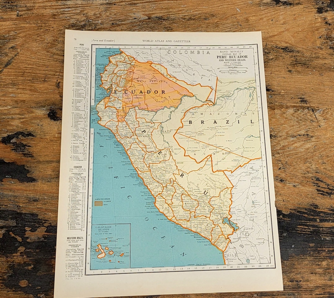 1935 Map of Peru, Ecuador, Western Brazil OR Columbia South America ...
