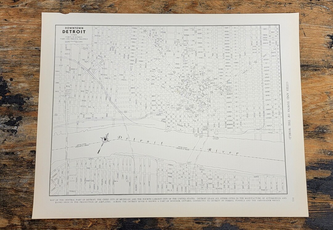 1935 Downtown Detroit City Street Map Michigan Vintage Black/white ...