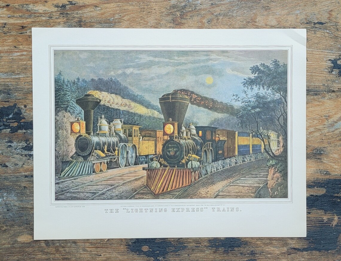 The Lightning Express Trains Currier & Ives Lithograph Book Plate Art ...