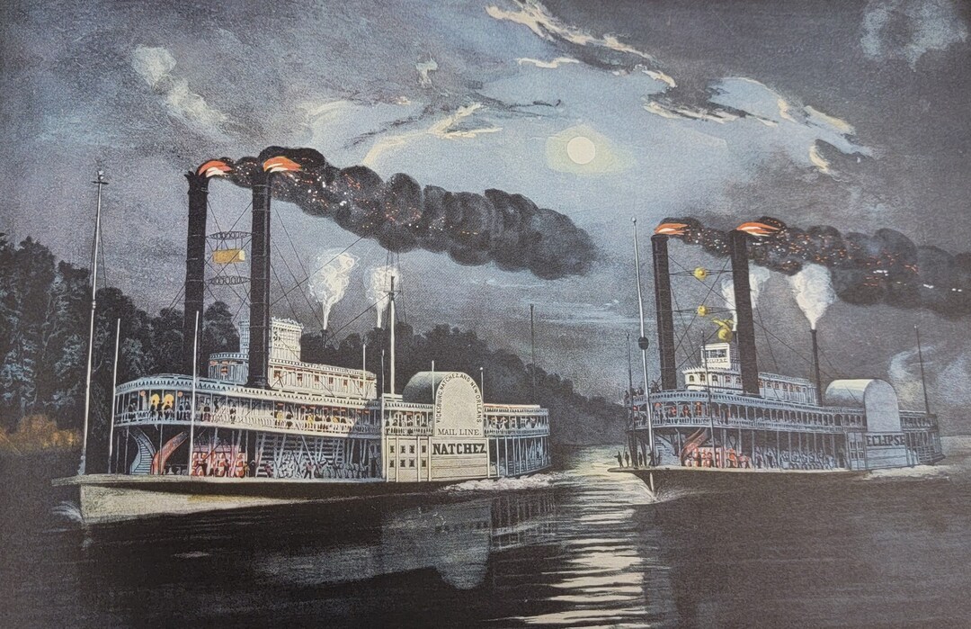 A Midnight Race on the Mississippi, Currier & Ives Lithograph Art Print ...
