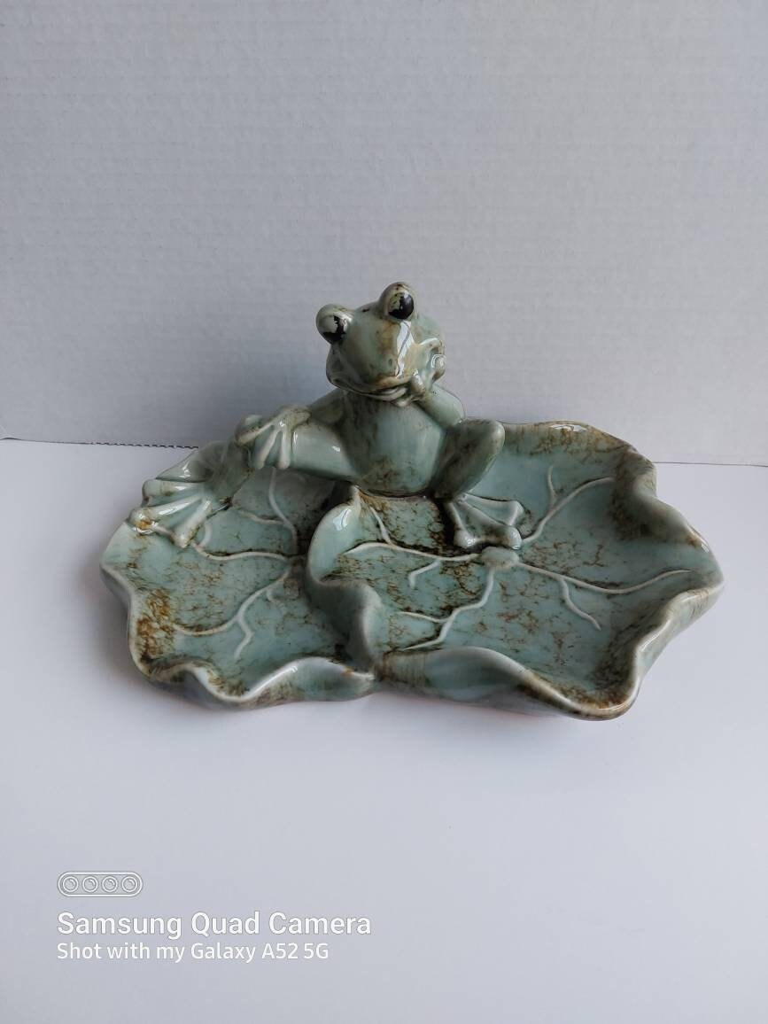 Vintage 1970's Green Pottery Sitting Frog Ashtray Serving Dish Bird ...