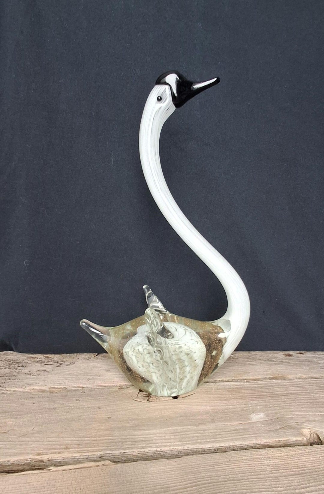 Vintage HQT Hand Blown Art Glass Swan Figurine Gold Specks Black Beak ...