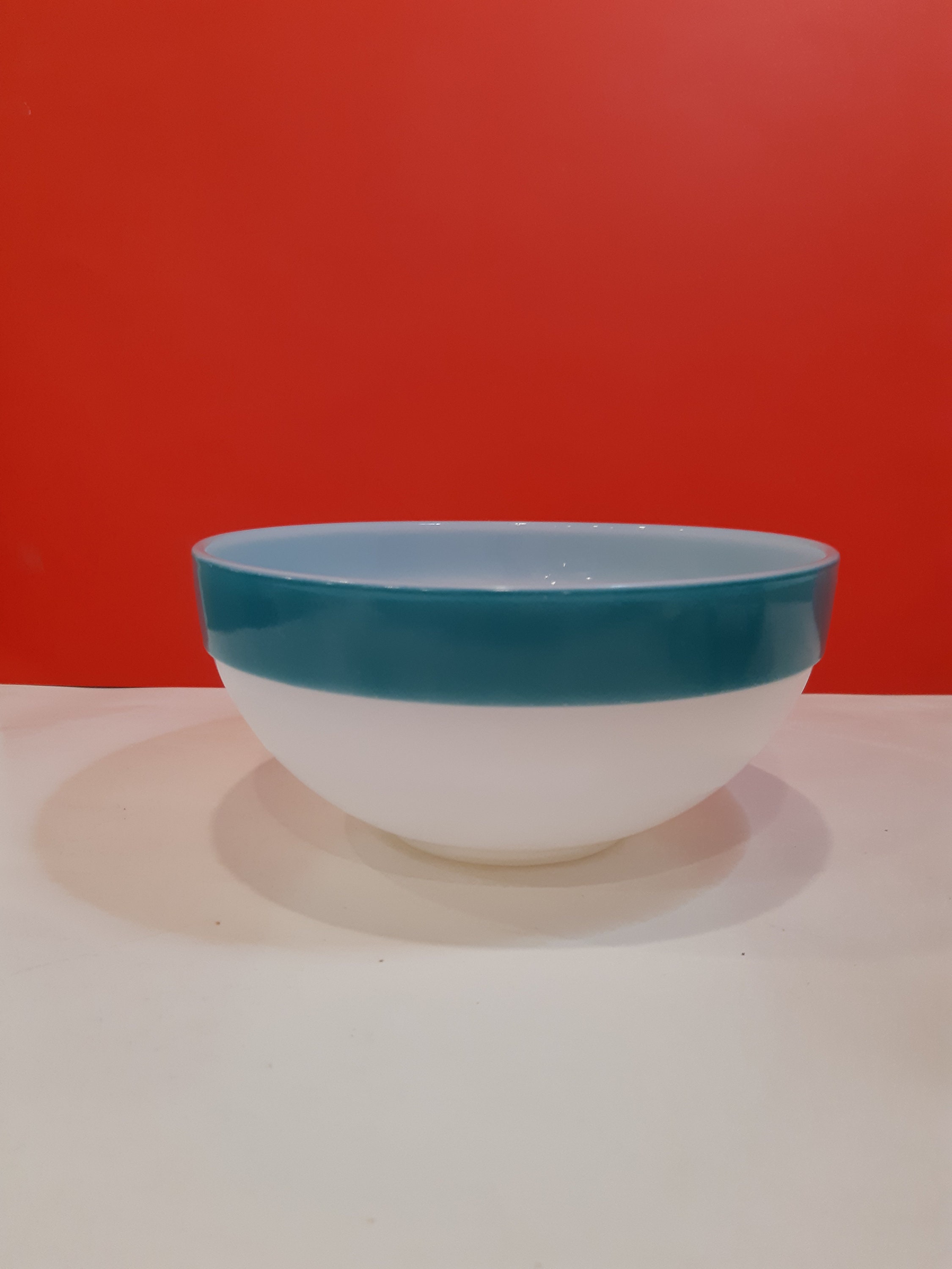 1990's Fire King Colonial Band Mixing Bowl Turquoise Band White Bottom ...