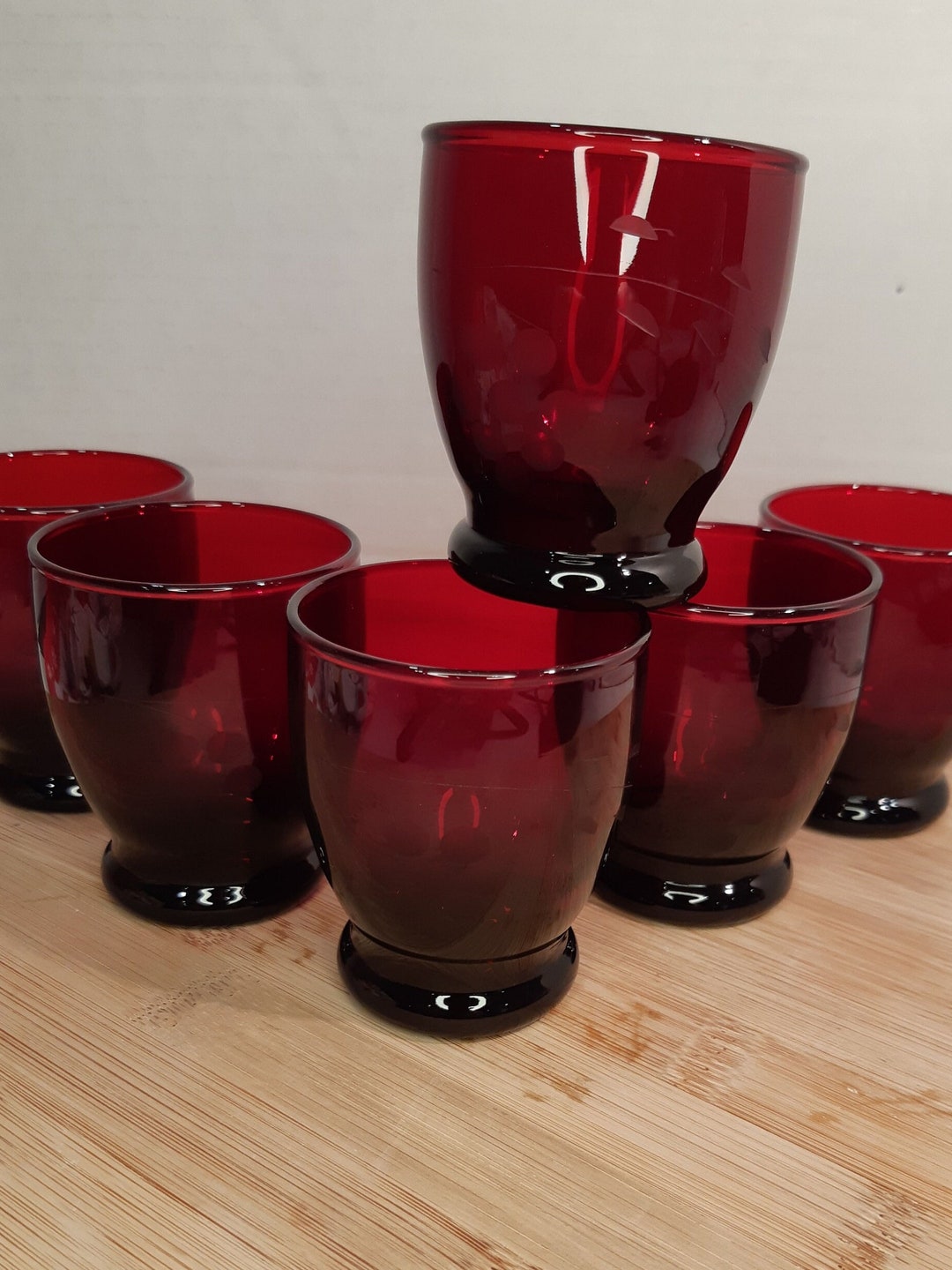 RARE Ruby Red Etched Aperitif Shot Glasses Etched Grape Pattern Set of ...