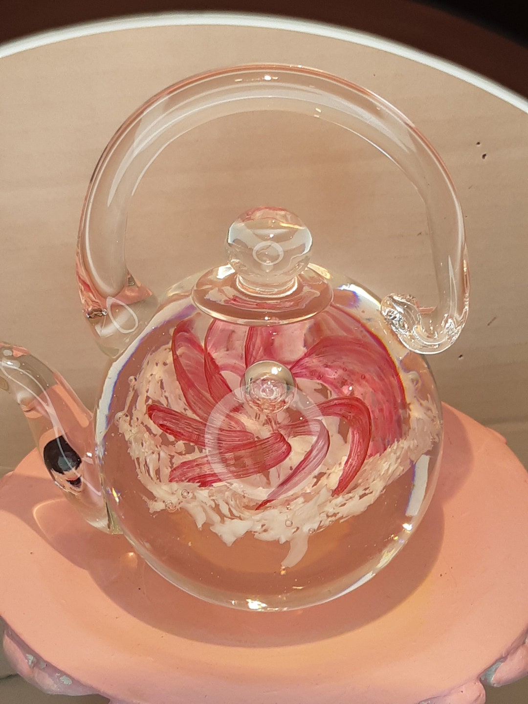 Art Glass Teapot Paperweight Pink Swirl Flower Controlled Bubble in ...