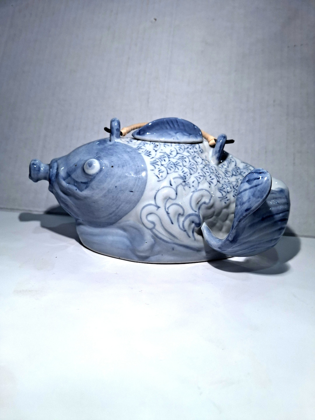 Blue and White Koi Fish Teapot Bamboo Handle Hand Painted Decorative ...