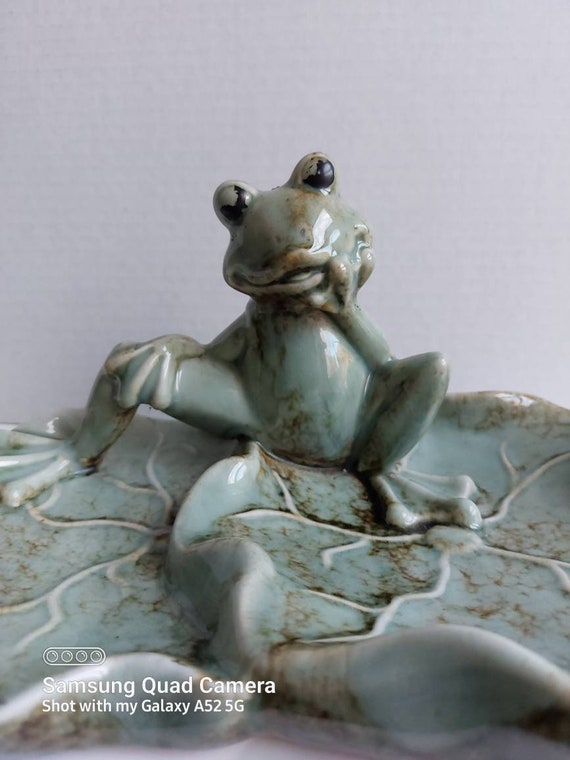 Vintage 1970's Green Pottery Sitting Frog Ashtray Serving Dish Bird ...