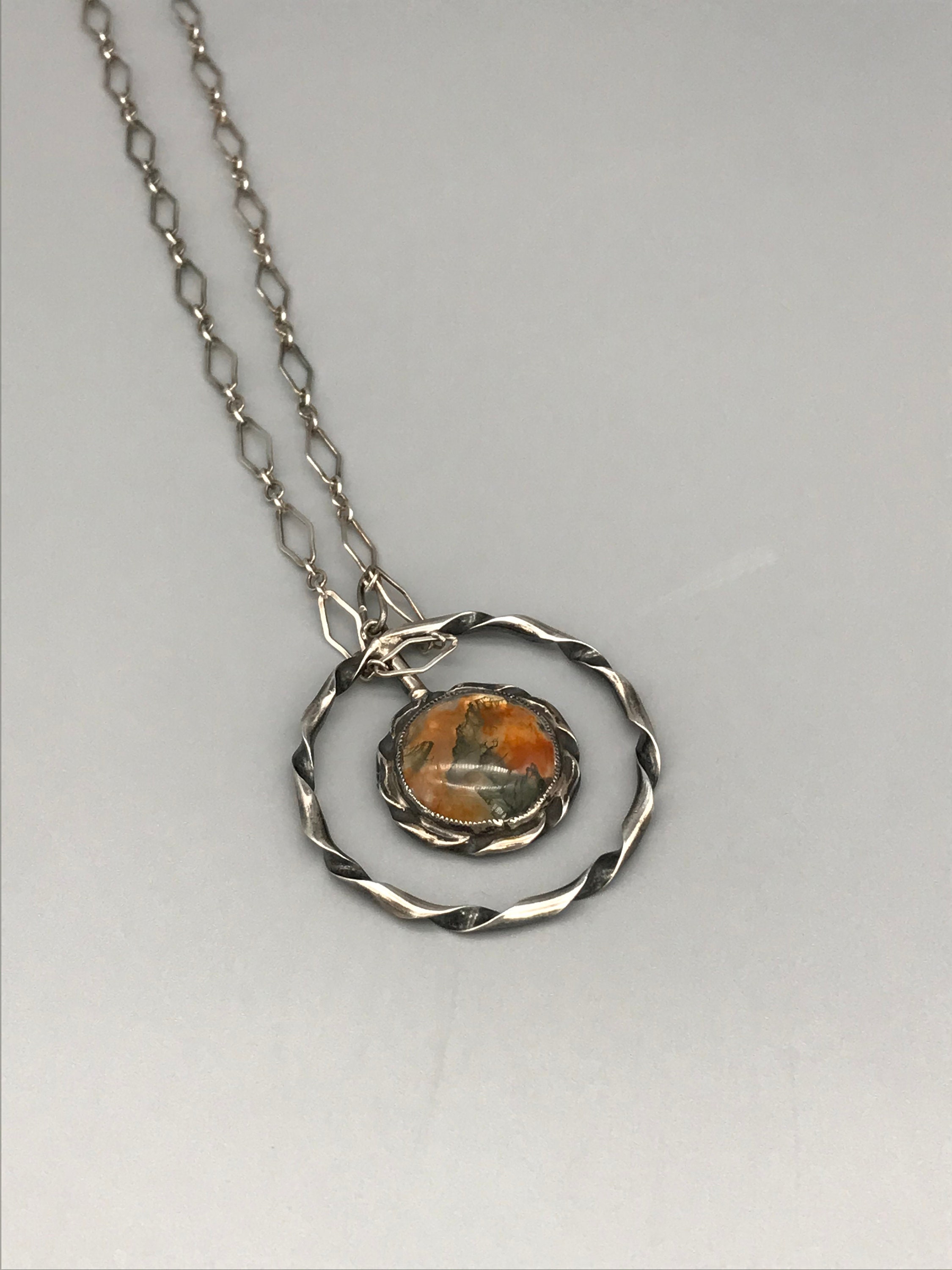 Vintage Native American Moss Agate Sterling Medallion Pendant Necklace ...