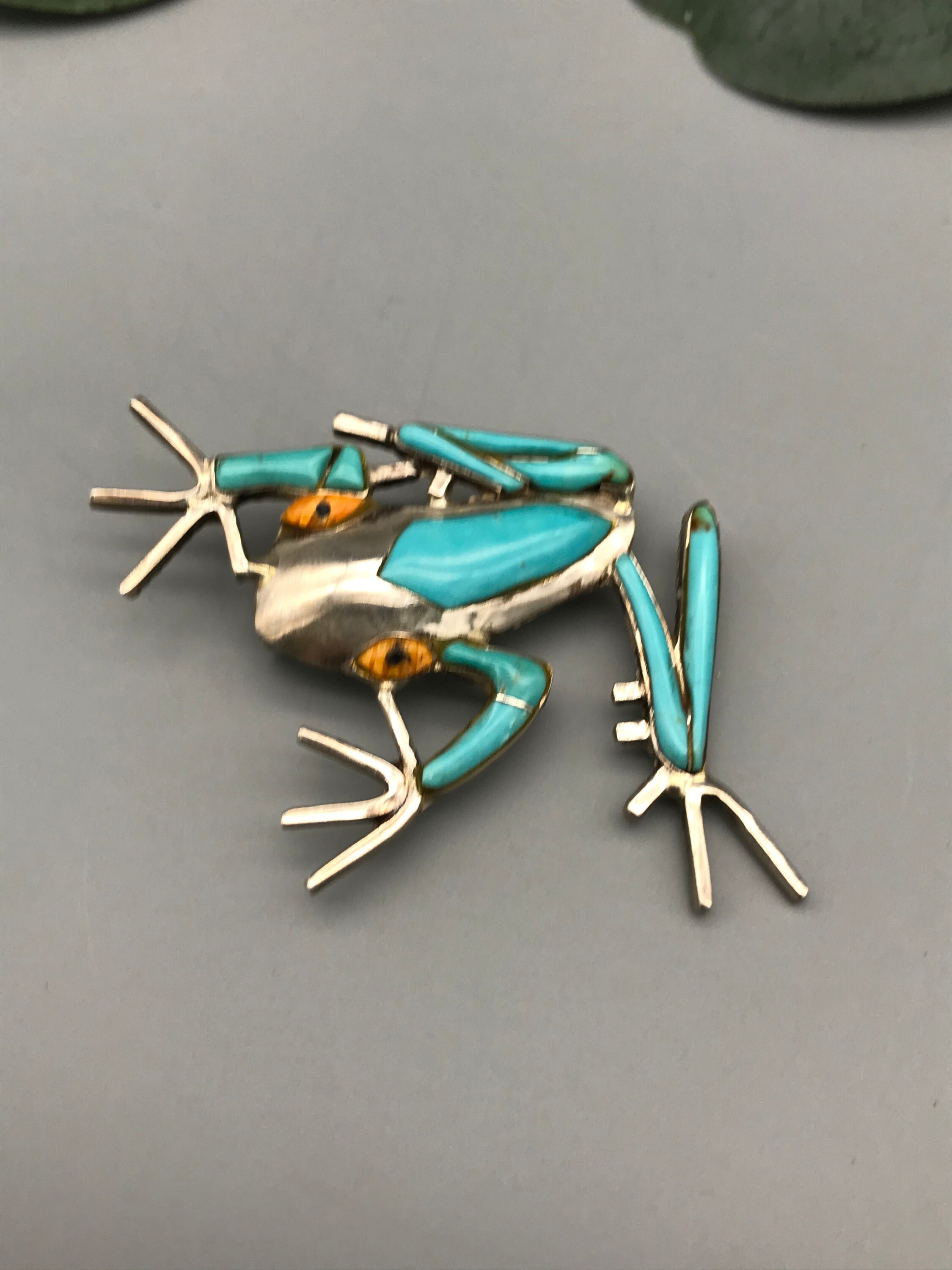 Vintage Sterling Silver Tree Frog Turquoise Inlaid Silver Brooch