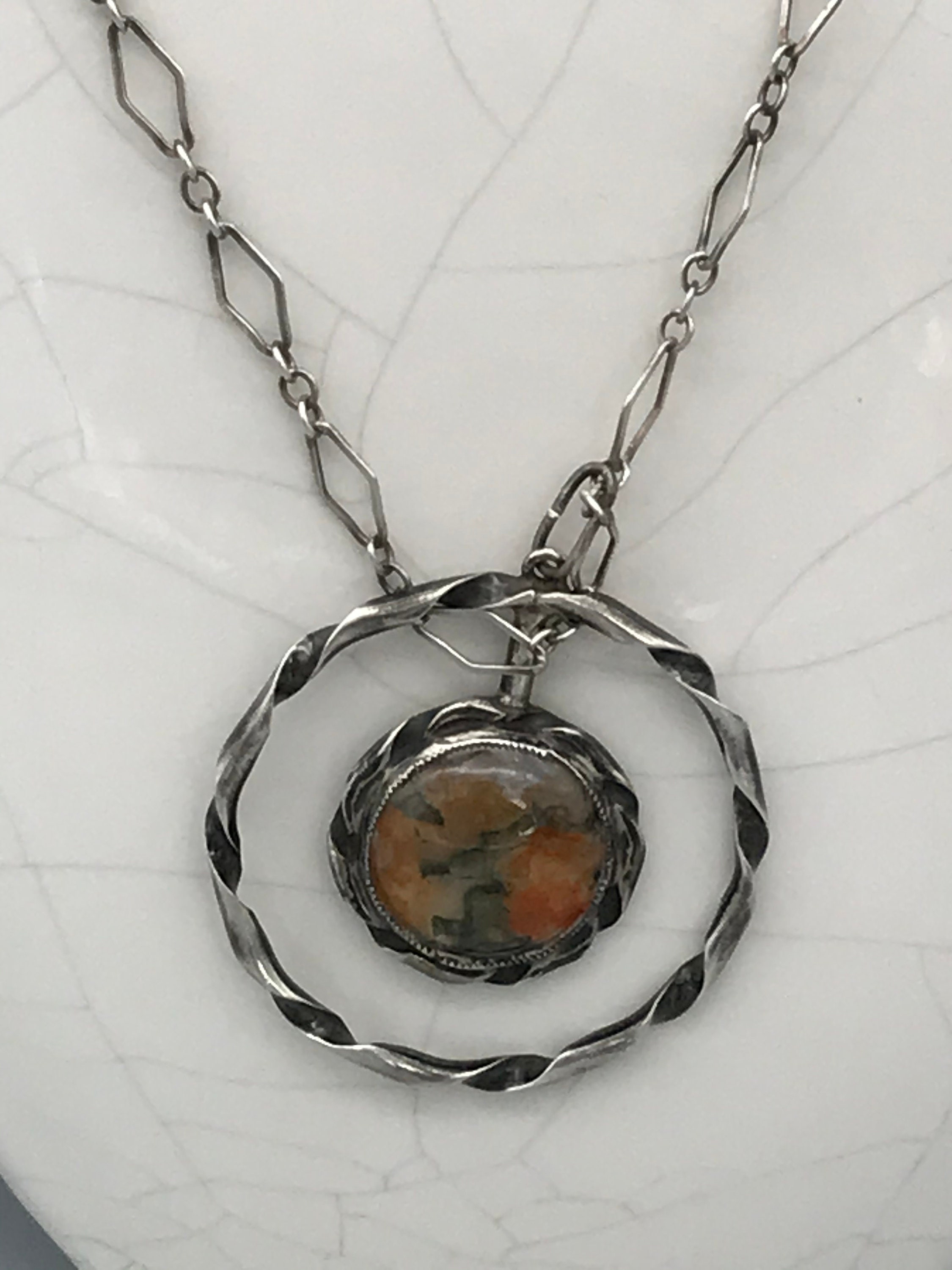 Vintage Native American Moss Agate Sterling Medallion Pendant Necklace ...