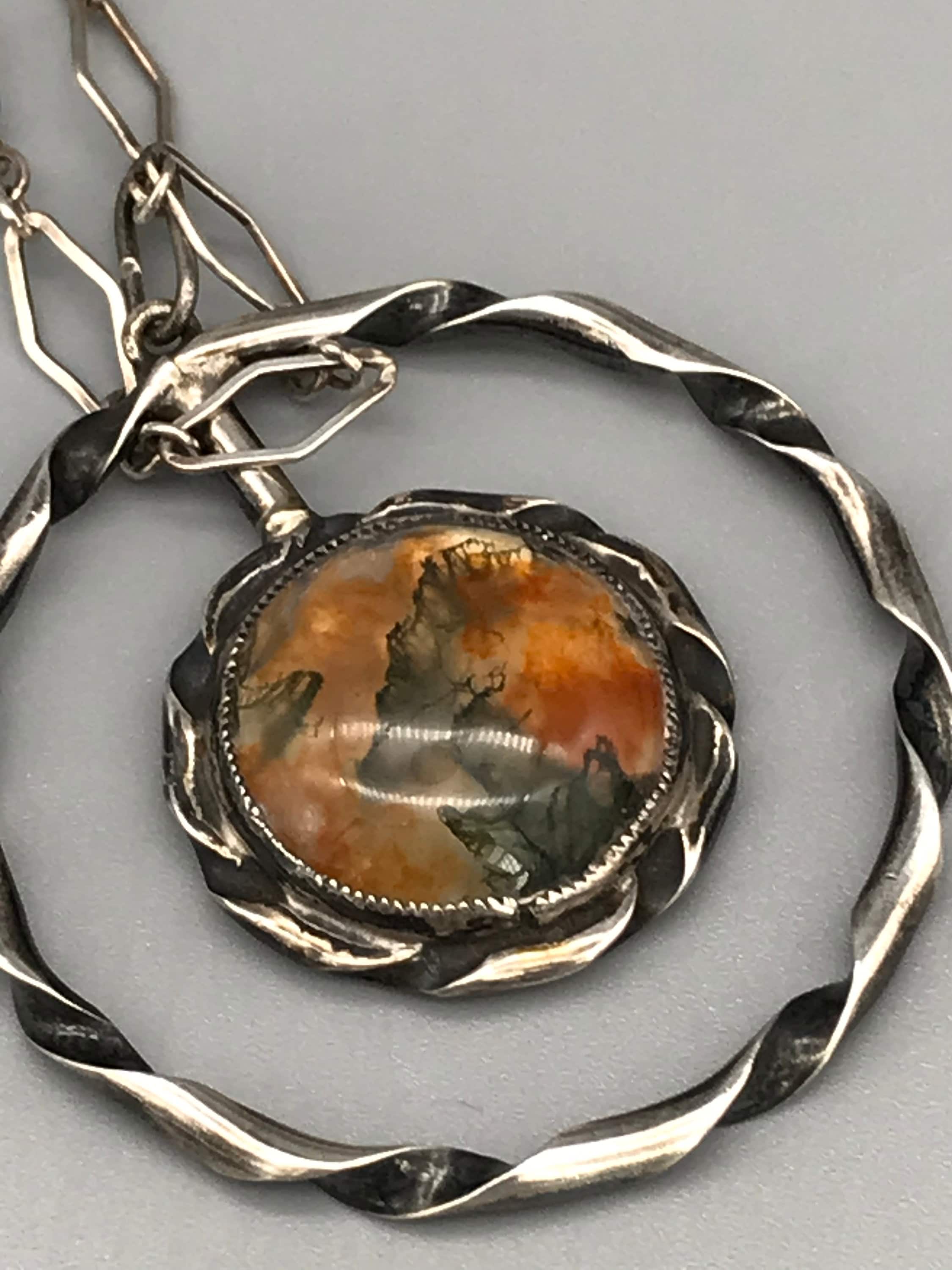 Vintage Native American Moss Agate Sterling Medallion Pendant Necklace ...