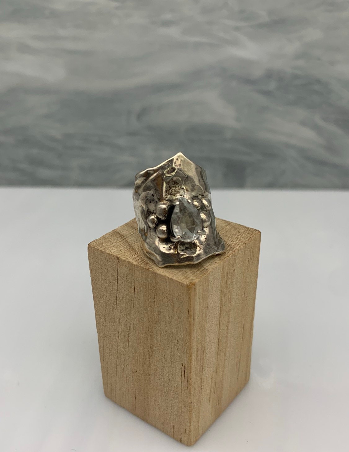 Vintage Brutalist Hammered Sterling Silver and Topaz Ring, Size 4