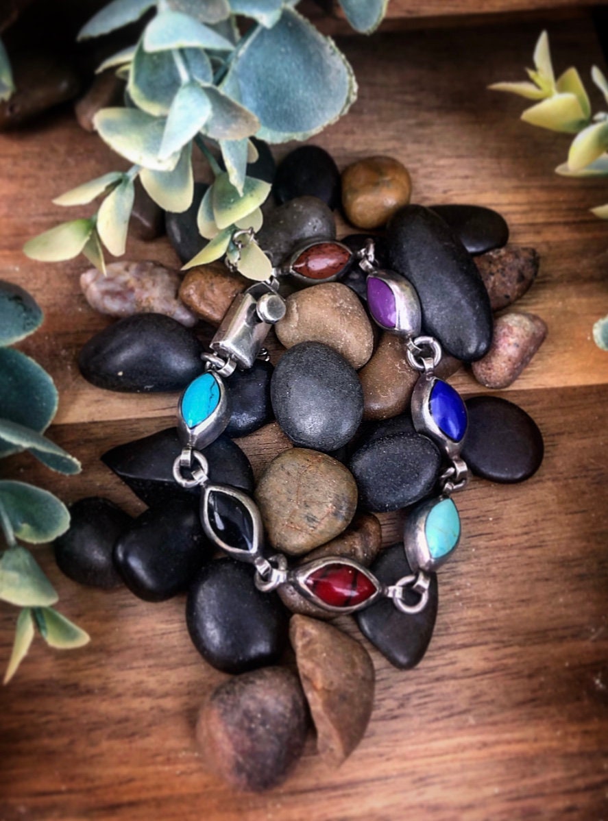 Vintage Artisan Sterling Silver Multi Color Gemstone Link Bracelet ...