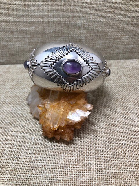 Vintage Signed Taxco Sterling Silver and Amethyst Chunky Cuff, Mexico
