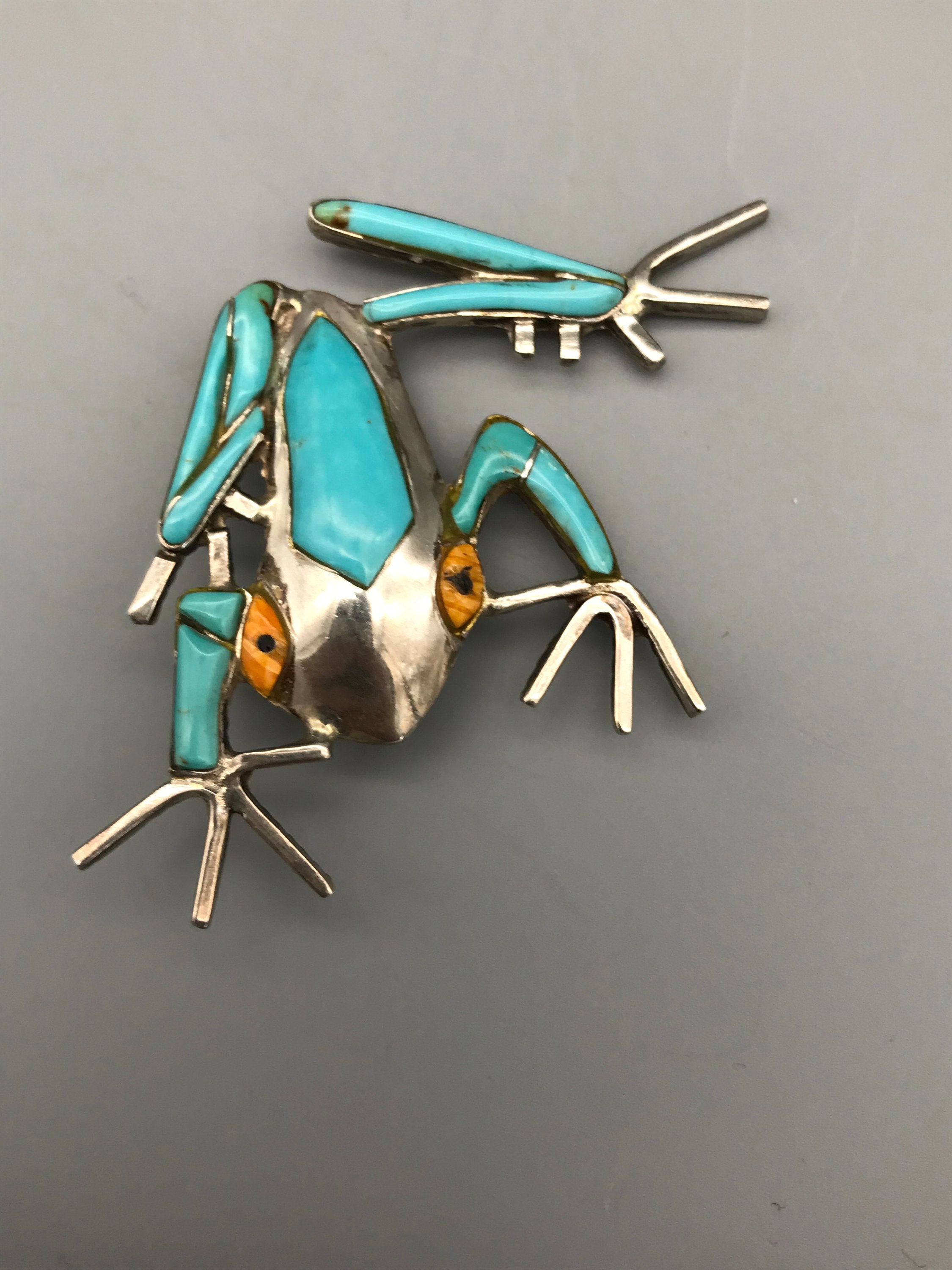 Vintage Sterling Silver Tree Frog Turquoise Inlaid Silver Brooch