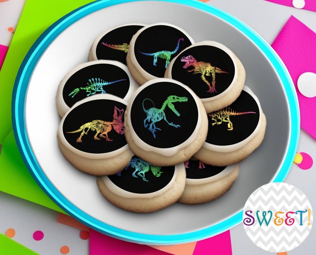 Edible Neon Dinosaur Skeleton Cookie Cupcake Oreo Toppers, Wafer Paper ...