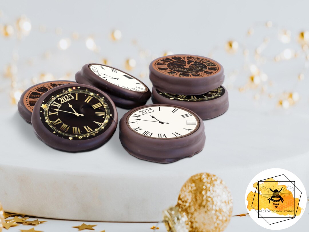 Edible 2025 New Years Clocks Cookie Cupcake Oreo or Drink Toppers Wafer Paper or Frosting Sheet ...