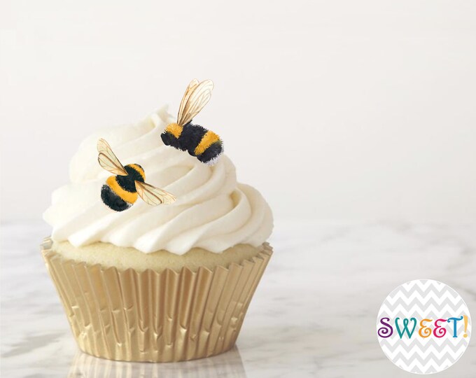 24 BUMBLE BEE EDIBLE Sugar Cupcake or Cake Toppers by Decopac Bee ...