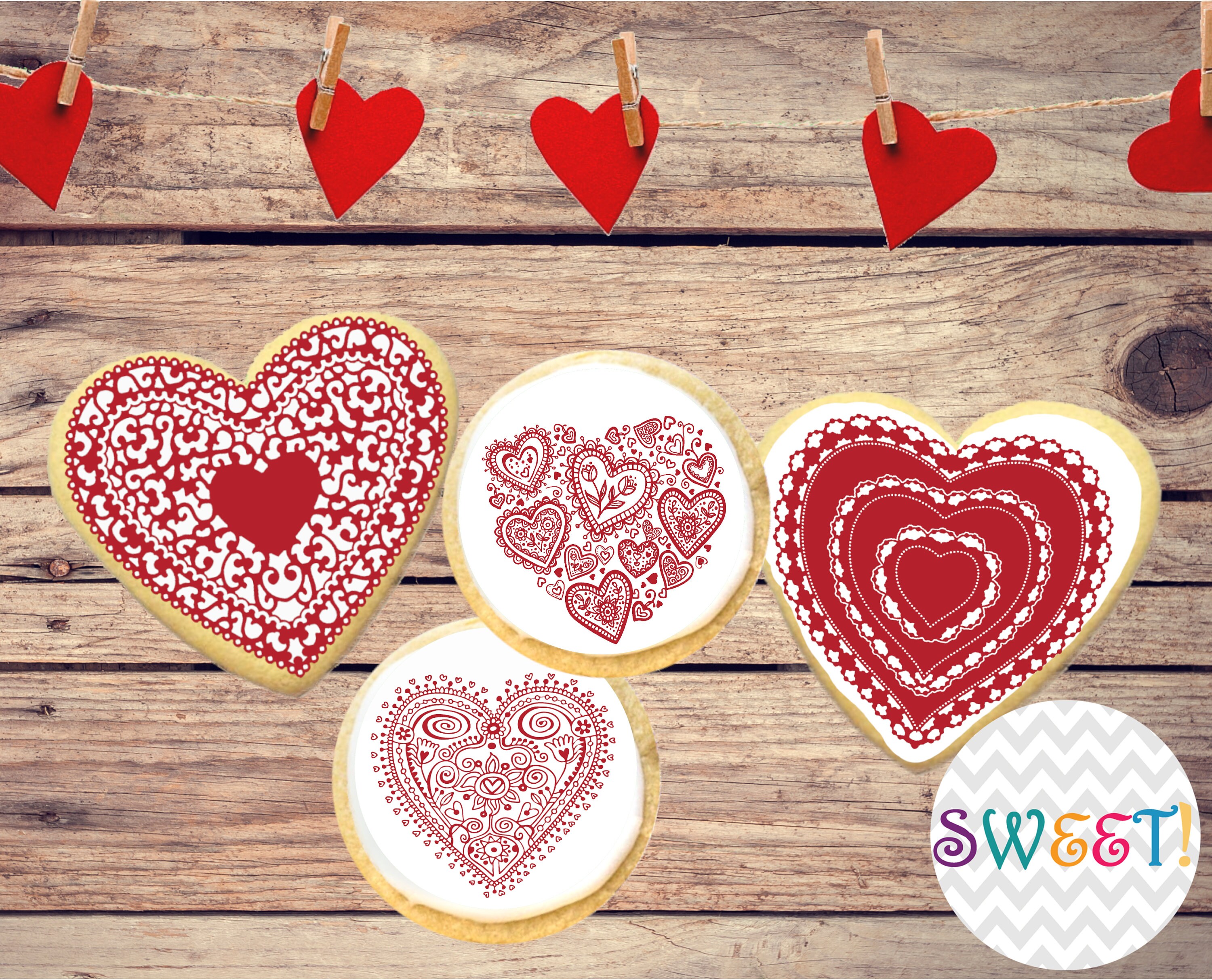 Edible Red Lace Heart Print Valentine Cookie Toppers Wafer | Etsy
