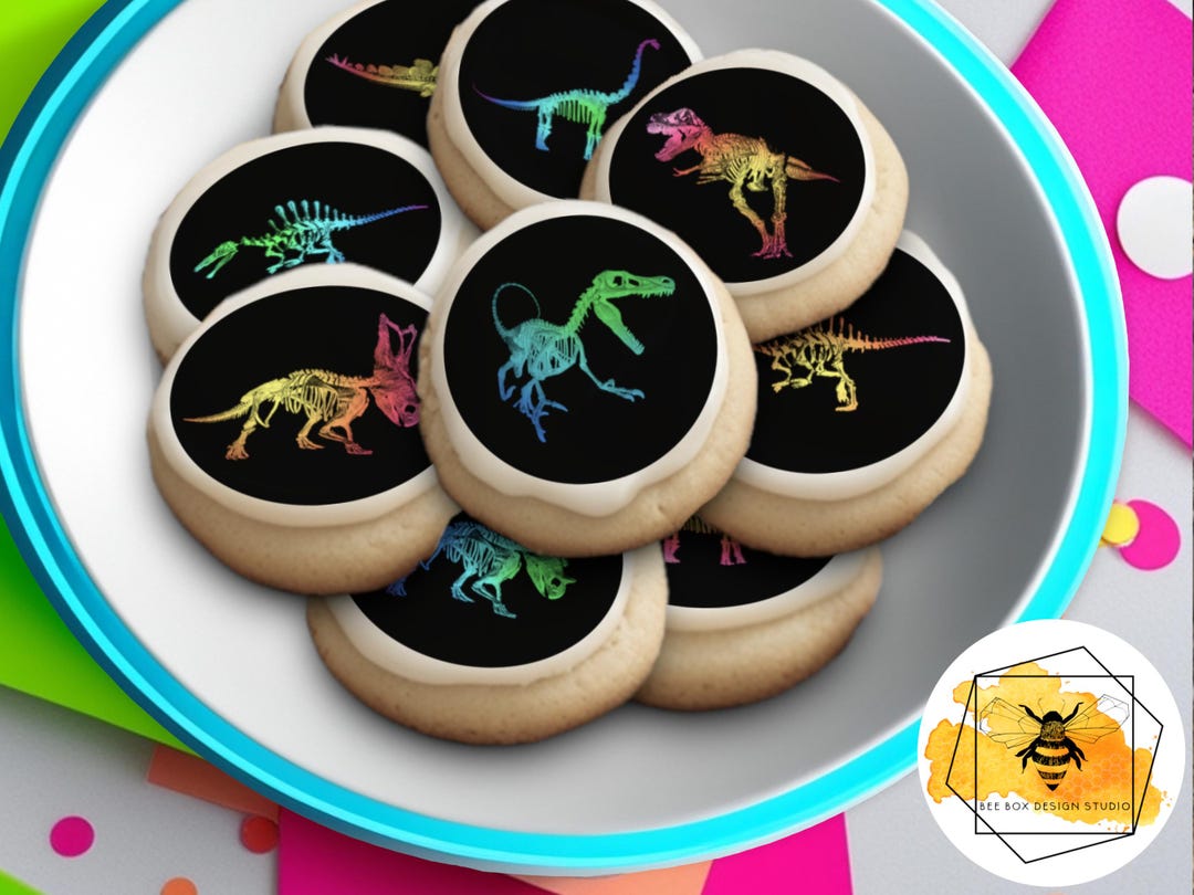 Edible Neon Dinosaur Skeleton Cookie Cupcake Oreo Toppers, Wafer Paper ...