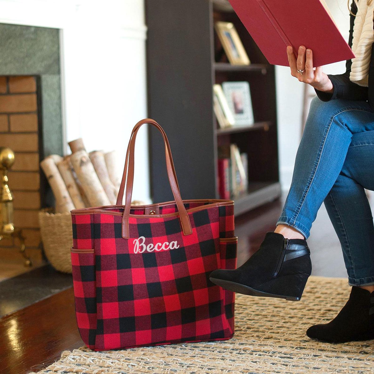 Personalized Buffalo Check Tote Bag, Monogrammed Shoulder Bag - Etsy
