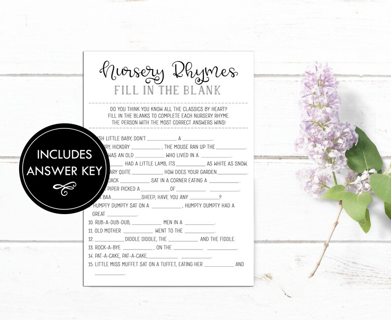 Nursery Rhyme Baby Shower Game: Fill-in-the-blanks (digital Download ...