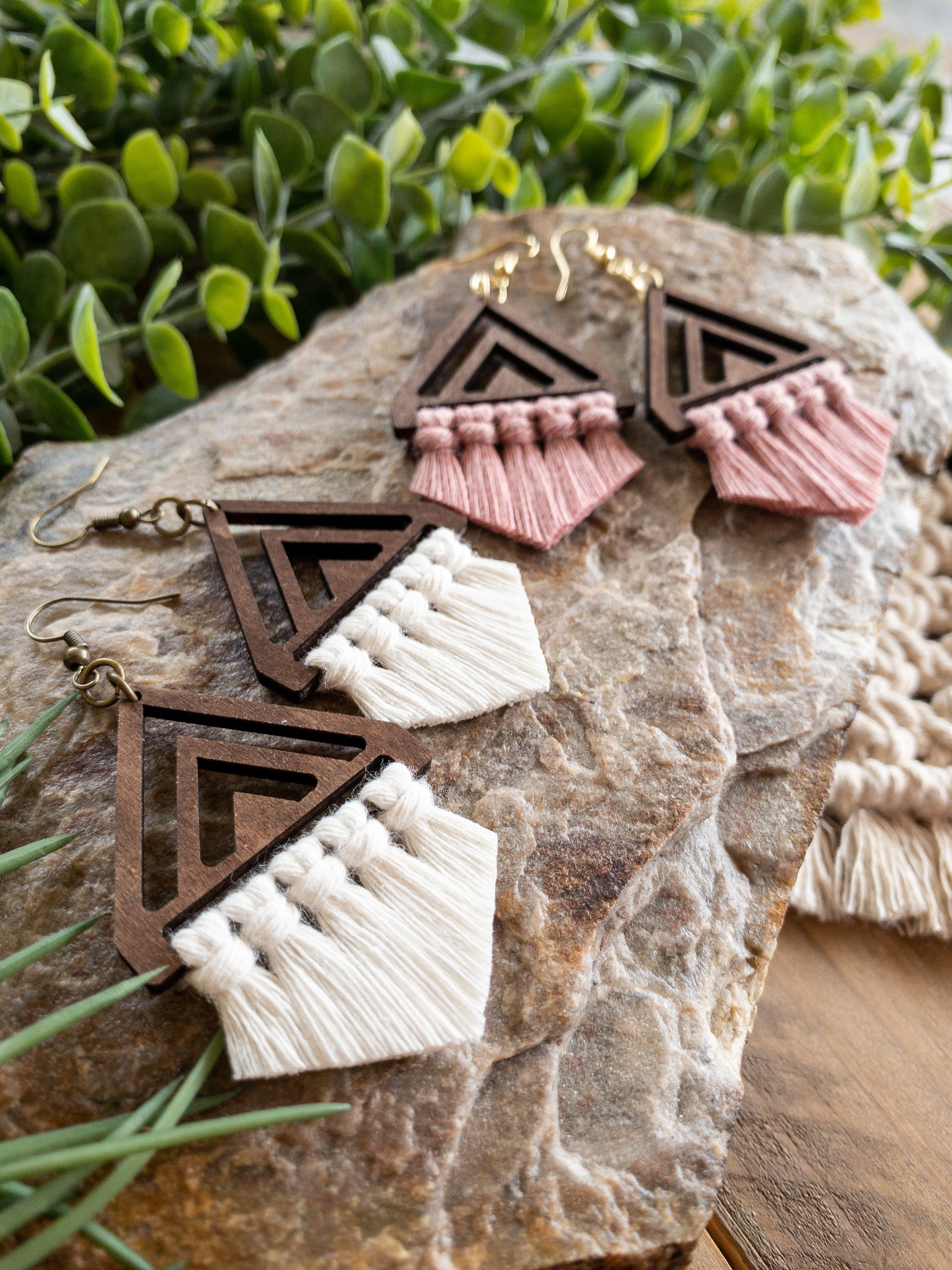 Triangle Fringe Macrame Earrings Wooden Macrame Earrings | Etsy