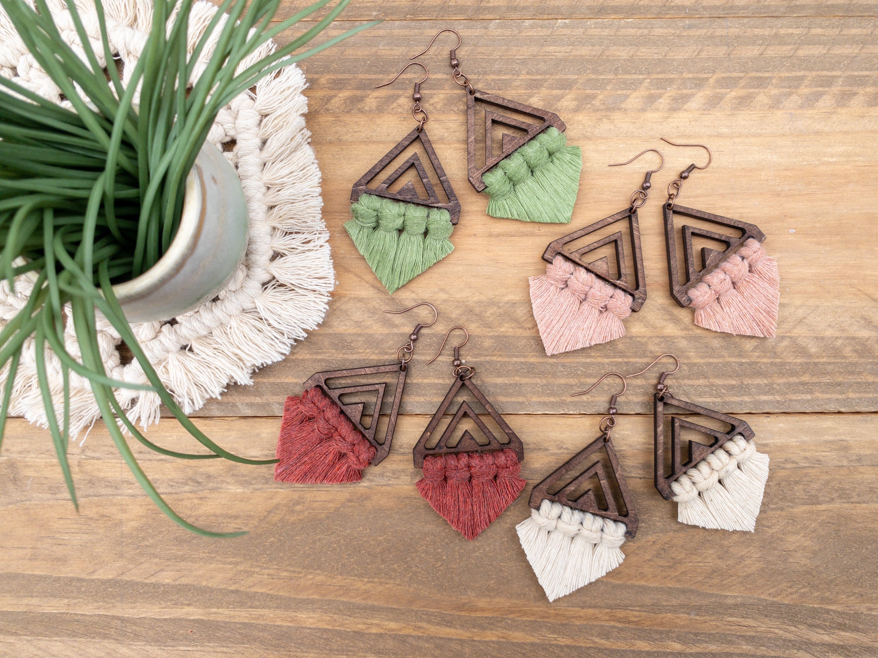 Triangle Fringe Macrame Earrings Wooden Macrame Earrings | Etsy