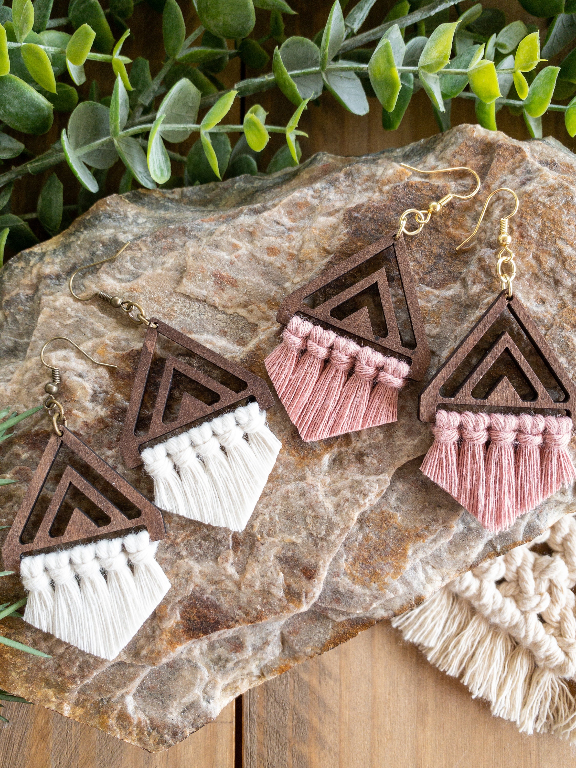 Triangle Fringe Macrame Earrings Wooden Macrame Earrings | Etsy