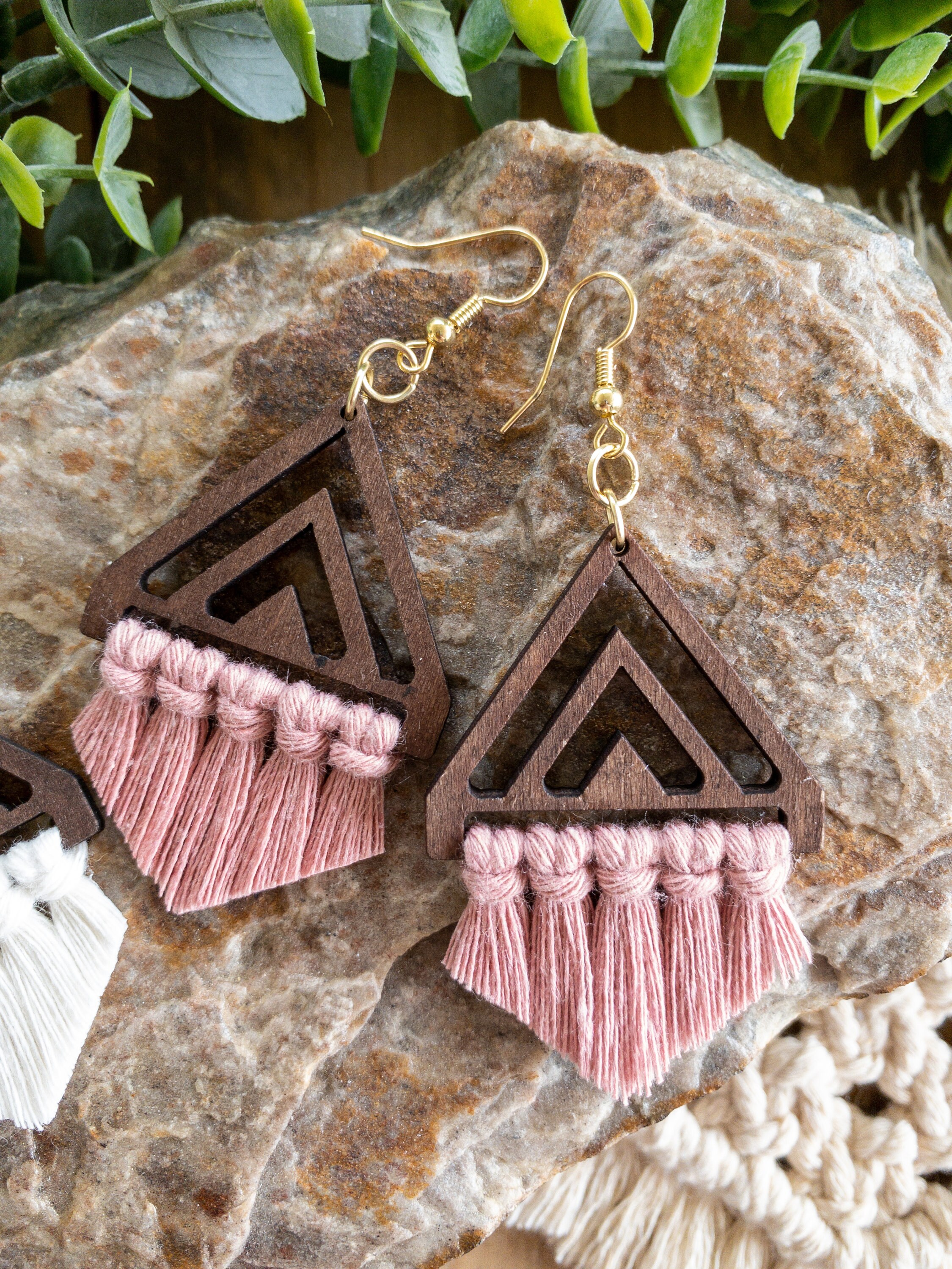 Triangle Fringe Macrame Earrings Wooden Macrame Earrings | Etsy