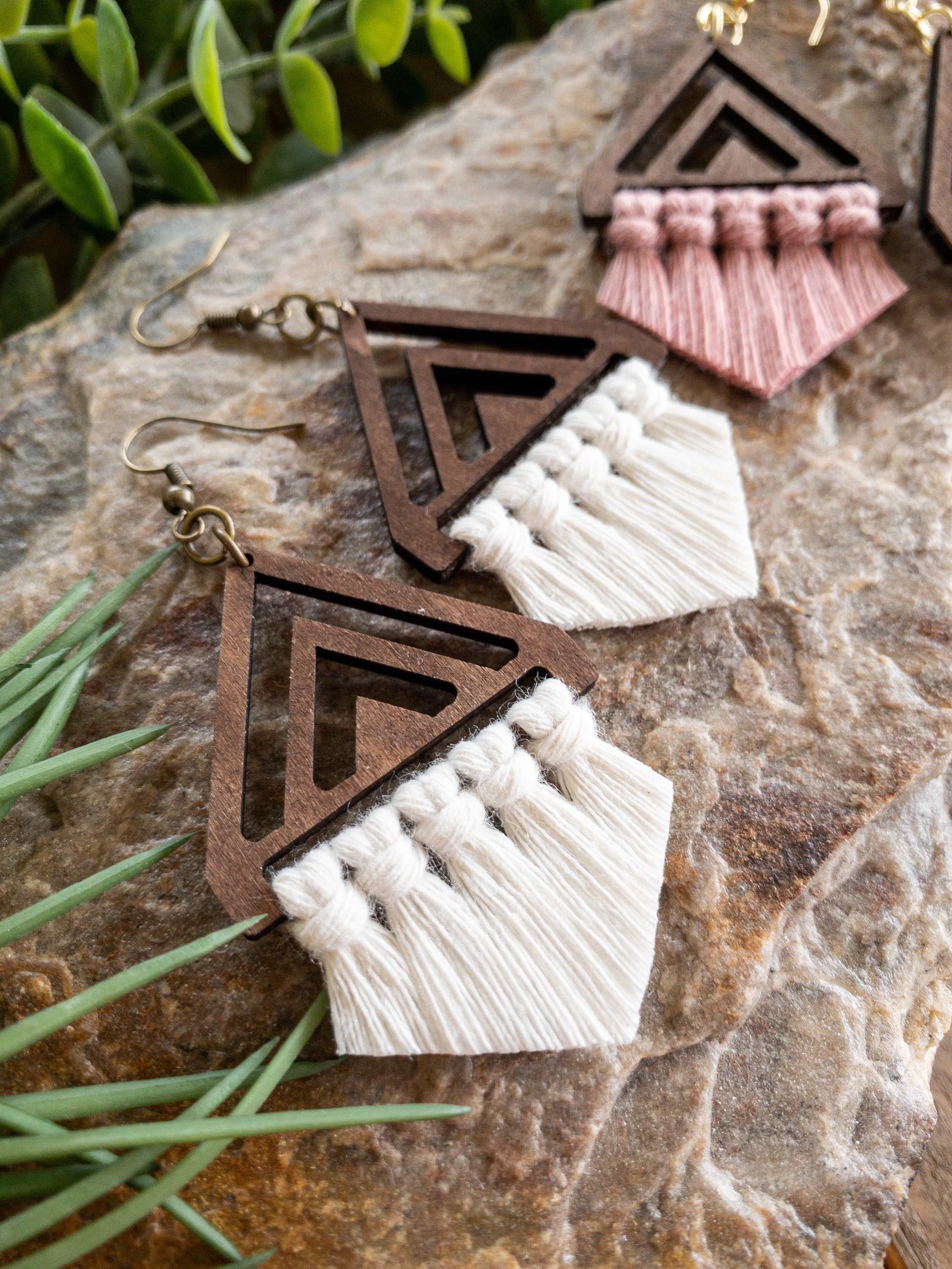 Triangle Fringe Macrame Earrings Wooden Macrame Earrings | Etsy