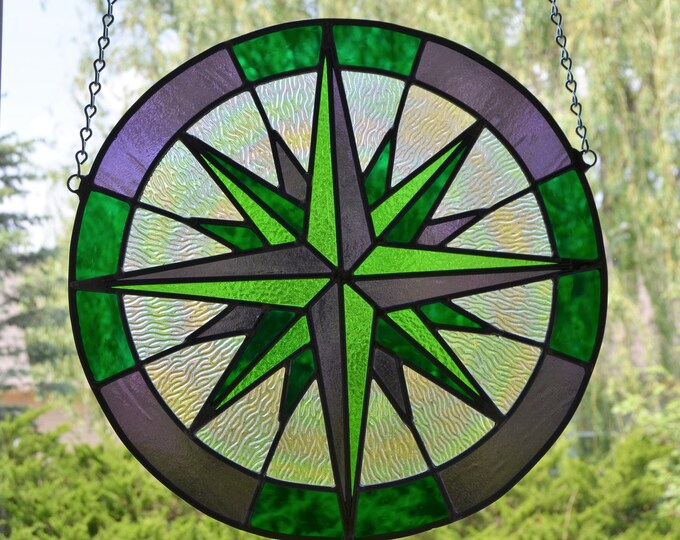 Leaded Stained Glass Circular Compass Rose Purple Green - Etsy