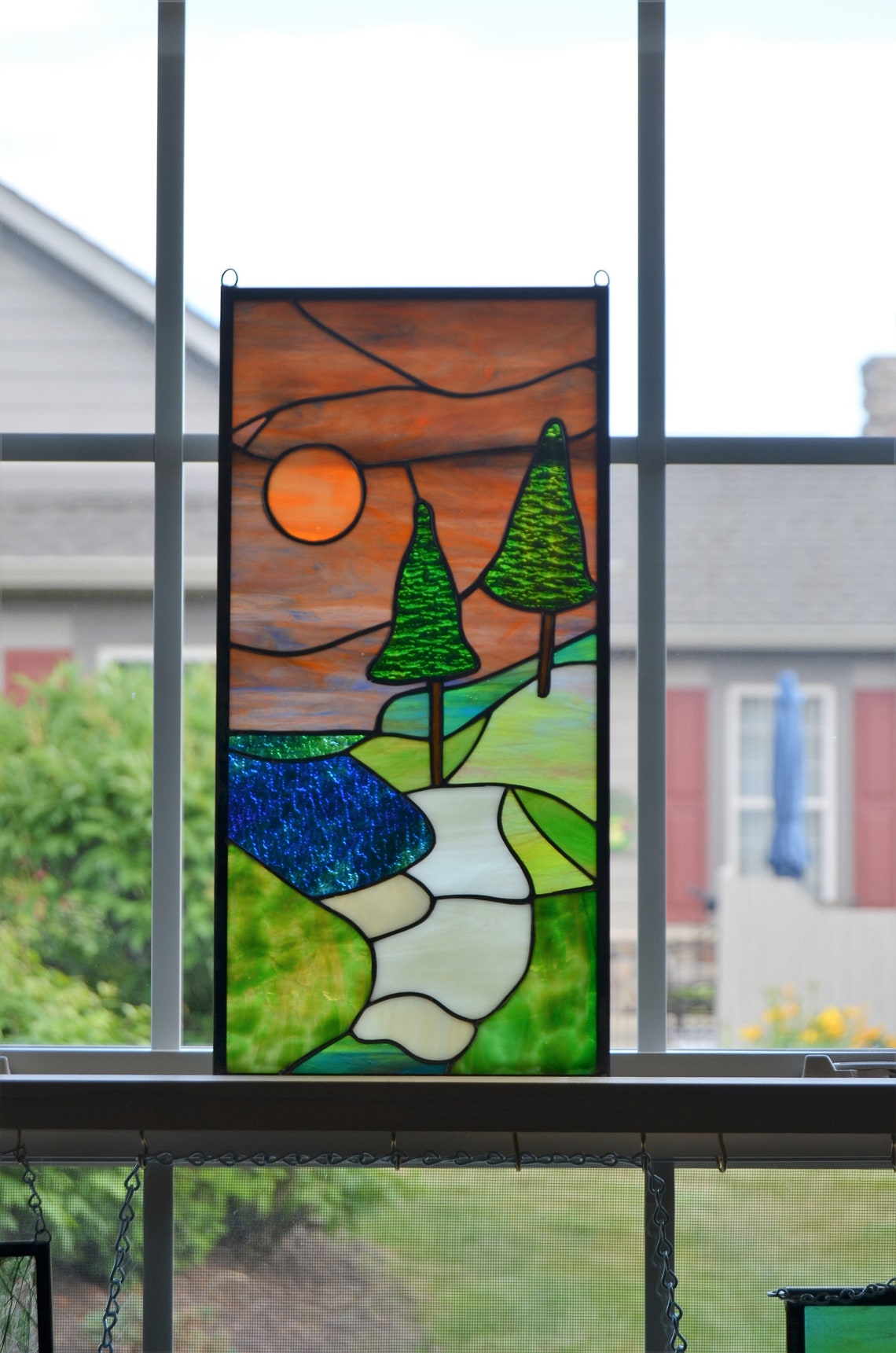 Whimsical stained glass panel of norfolk pines by ocean | Etsy