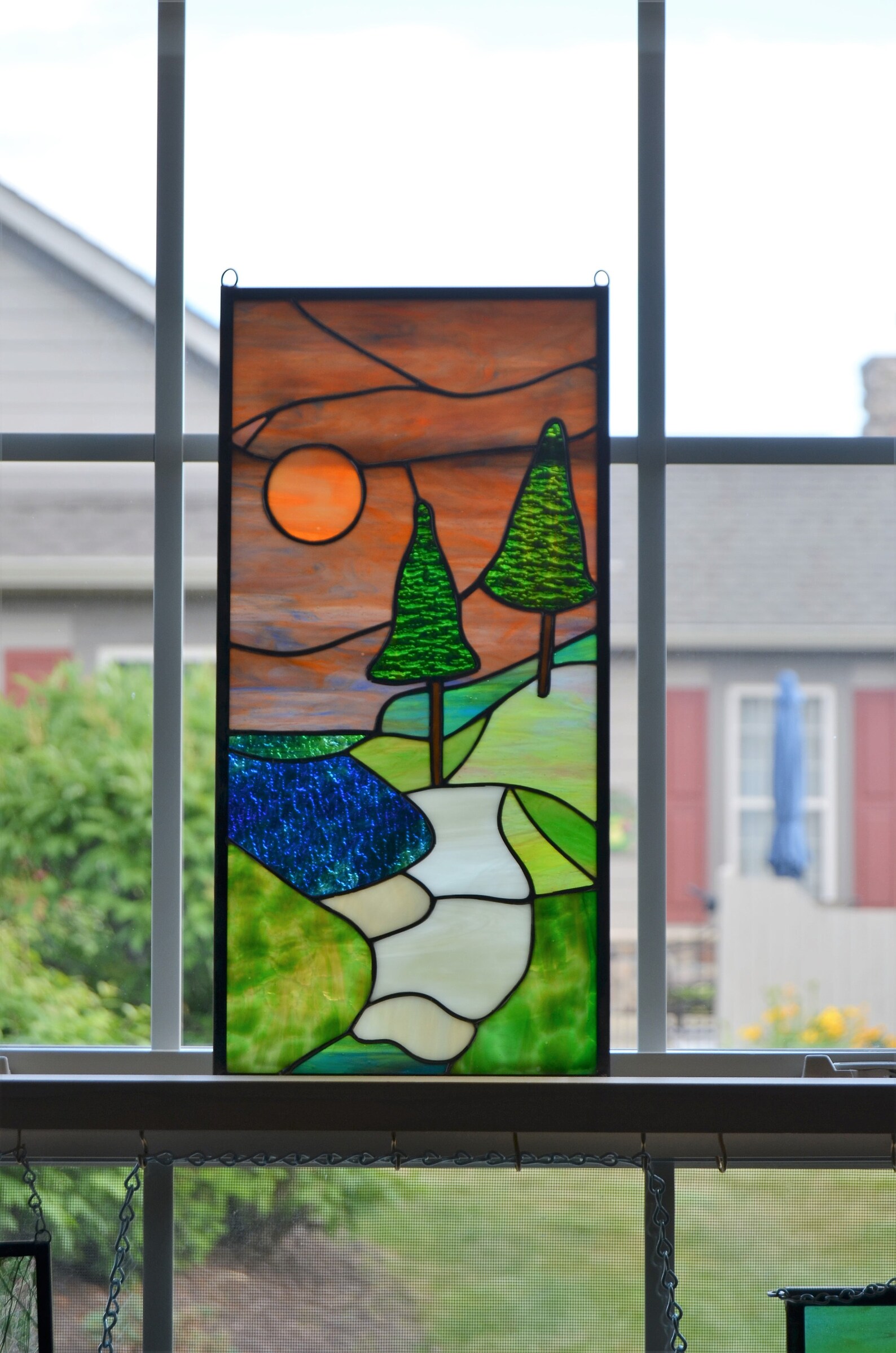 Whimsical stained glass panel of norfolk pines by ocean | Etsy