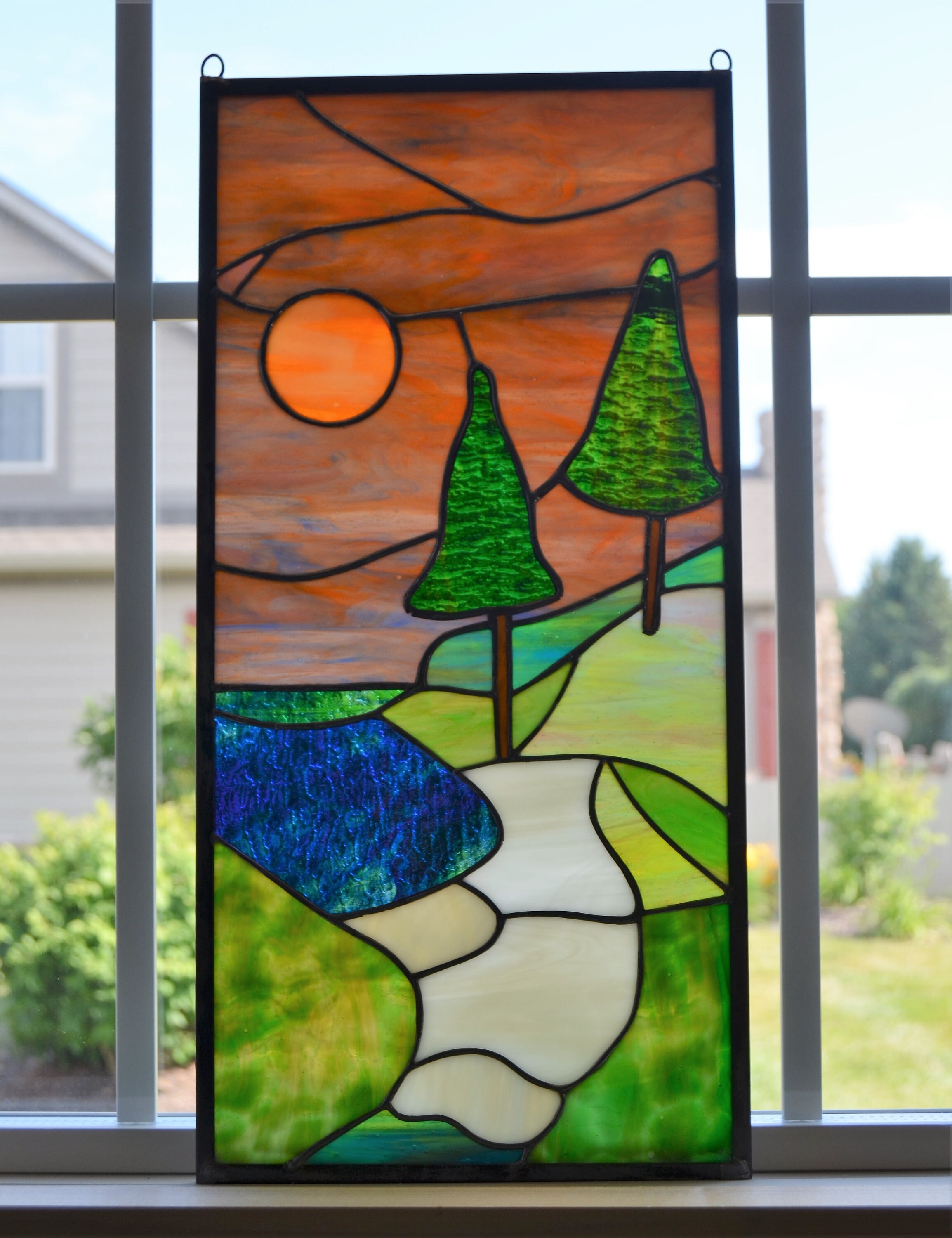 Whimsical stained glass panel of norfolk pines by ocean | Etsy