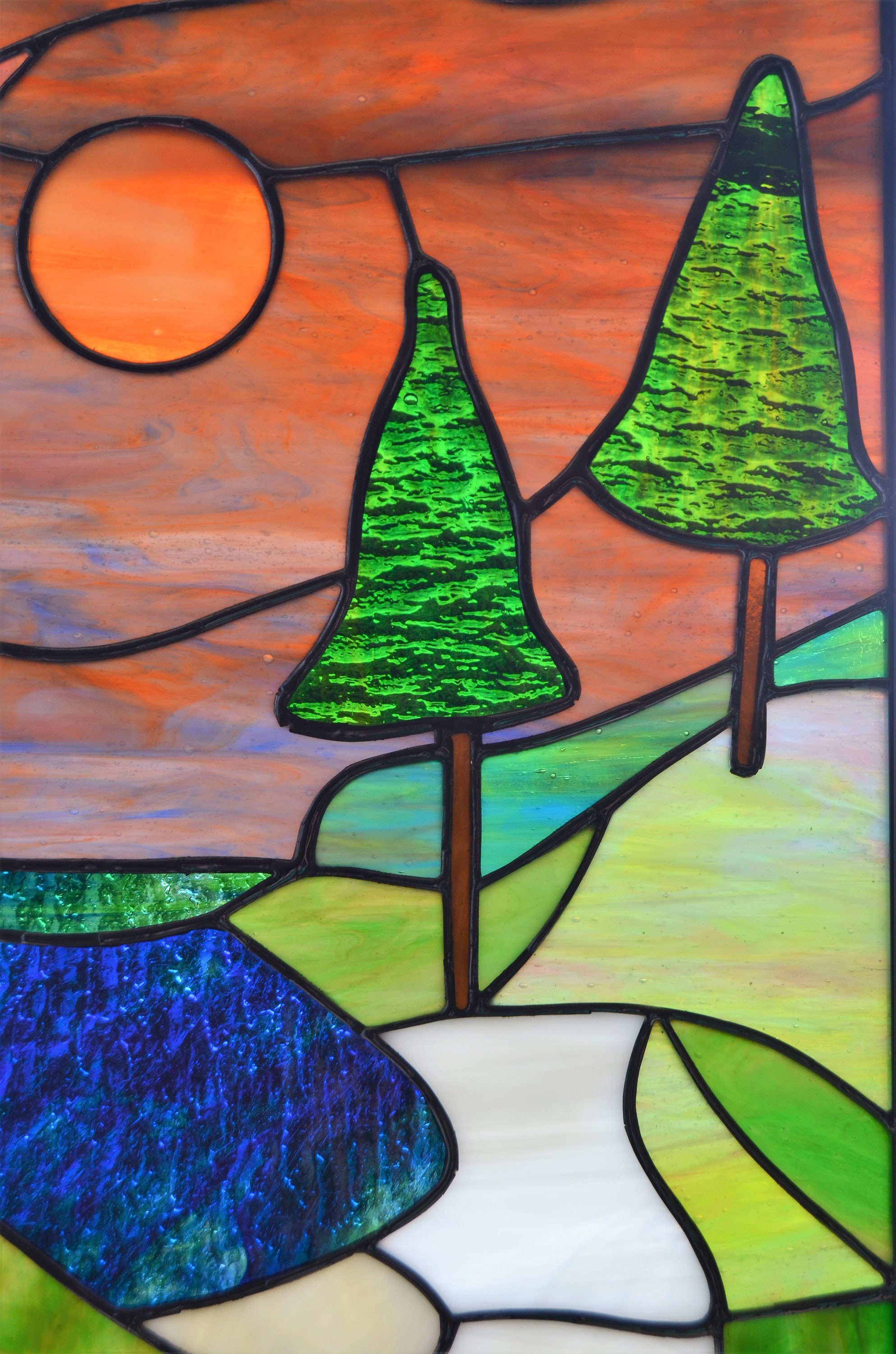 Whimsical stained glass panel of norfolk pines by ocean | Etsy