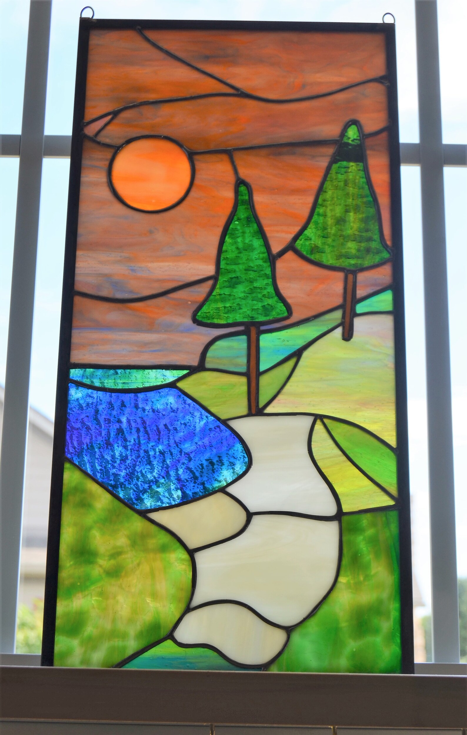 Whimsical stained glass panel of norfolk pines by ocean | Etsy